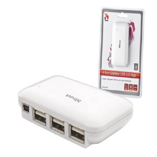 Trust 4 Port Slimline USB 2.0 Hub, 480 Mbit/s, White, Windows 7, Vista ...